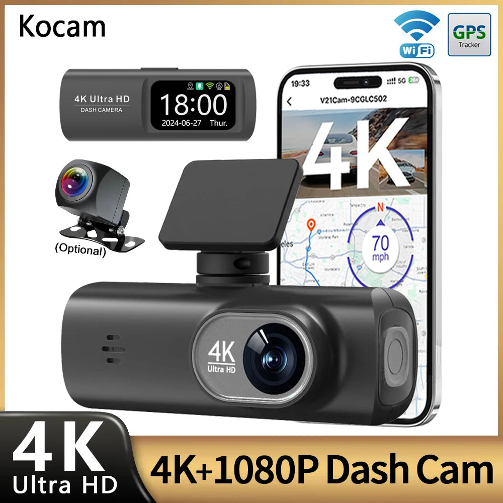 UHD 4K Dash Cam Dual Lens – 1080P Rear Lens, Built-in WiFi, GPS, 24-Ho ...