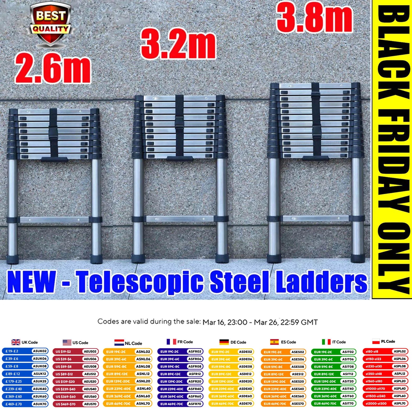 Telescopic Extension Ladder 2.6M-5M – Heavy Duty Folding Loft & Straig ...