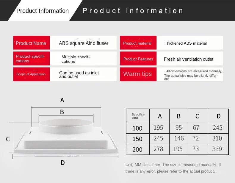 ABS Square Air Conditioner Diffuser - Ceiling Vent Outlet for Duct Exh ...
