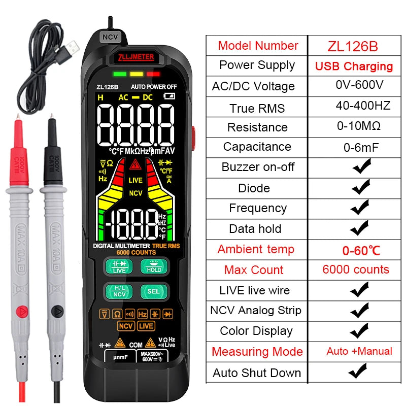USB Charge Smart Digital Multimeter - Professional AC/DC Current & Vol ...