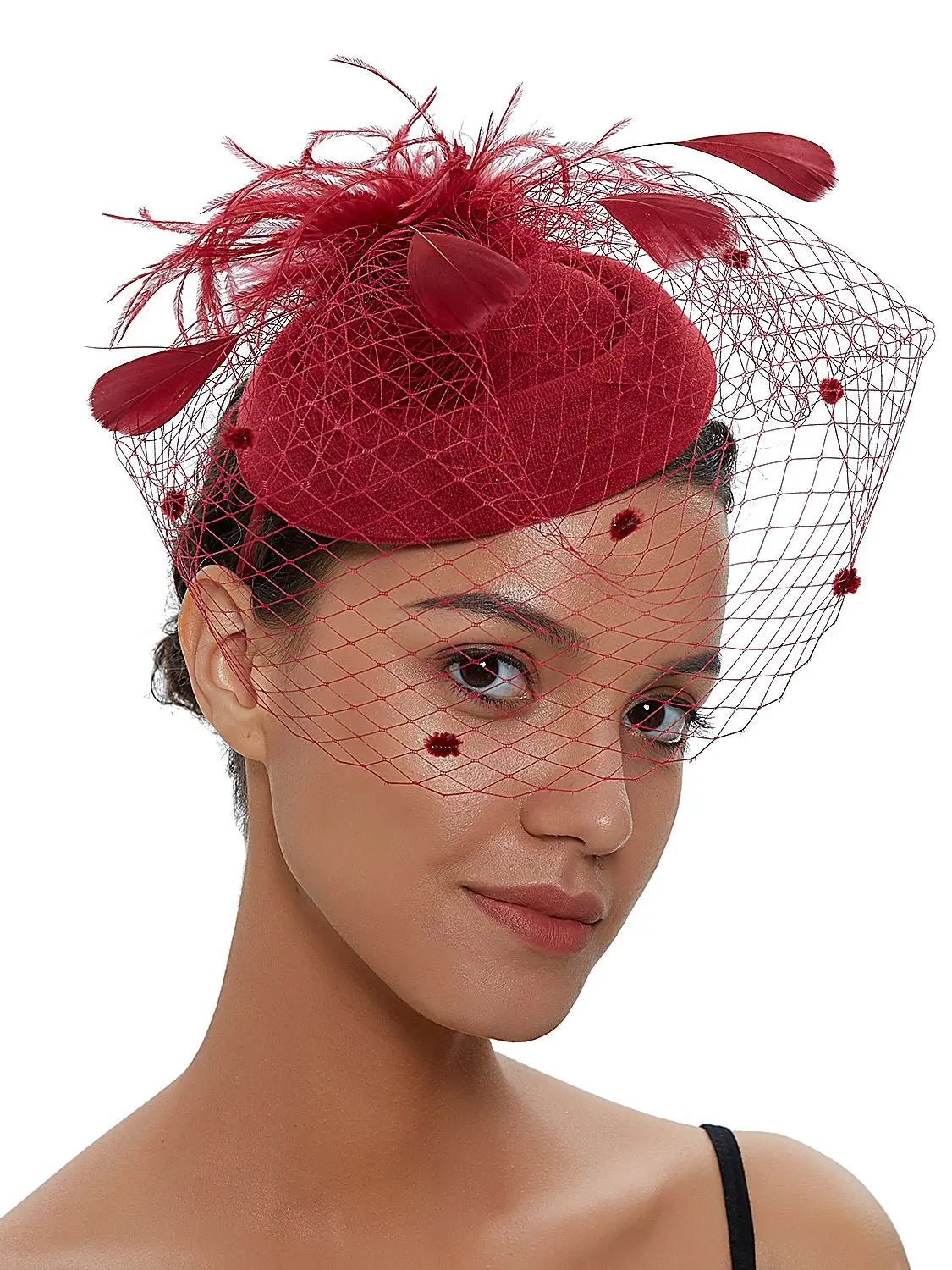 Women's Felt Fascinator Hat with Fishnet Veil - Small Plush Wave Point ...