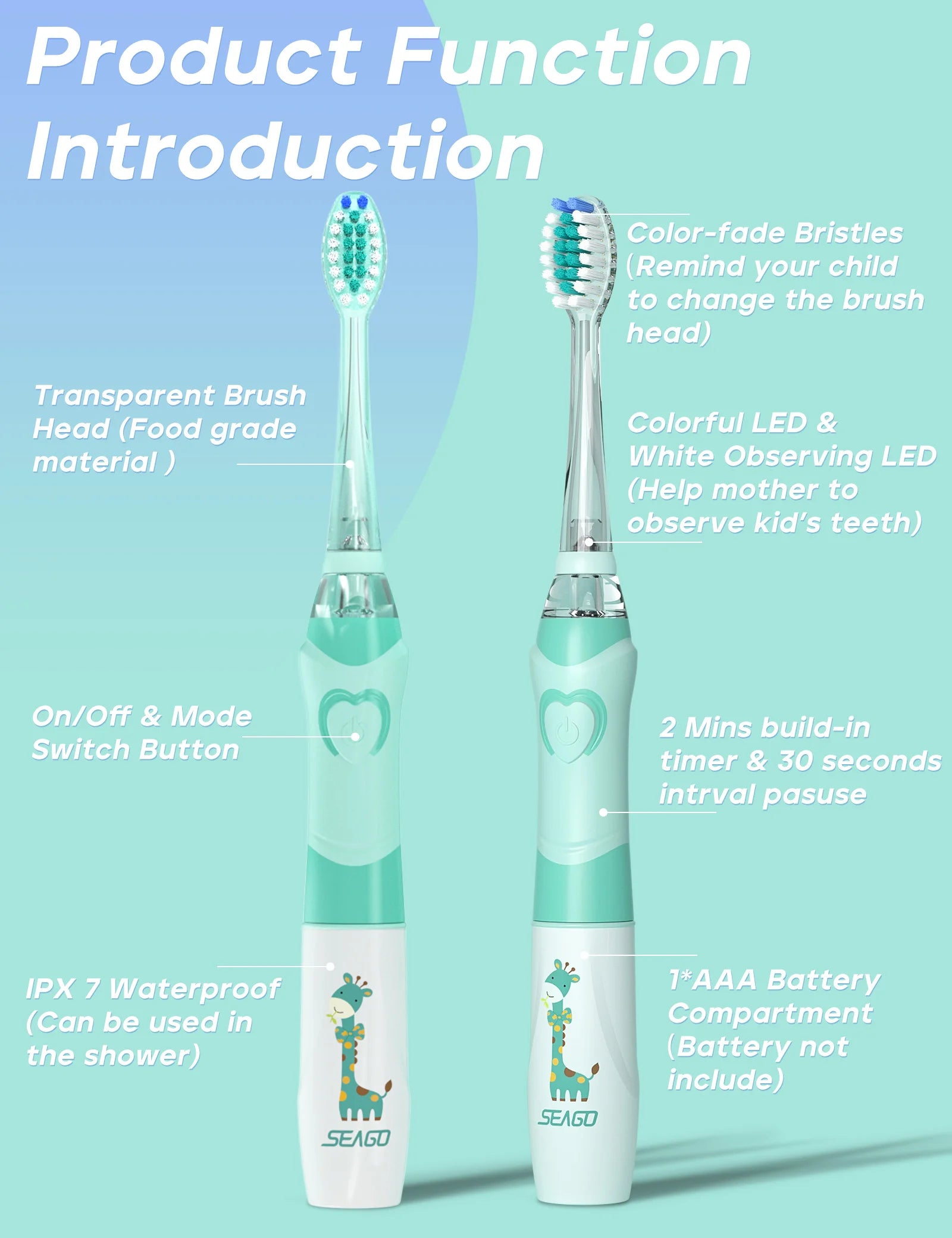 SEAGO SG977: Sonic Electric Kids Toothbrush with Colorful LED - Batter – CongoBasinGroup.com