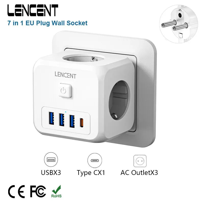 LENCENT 7-in-1 Wall Socket Extender - 3 AC Outlets, 3 USB Ports, 1 Typ ...